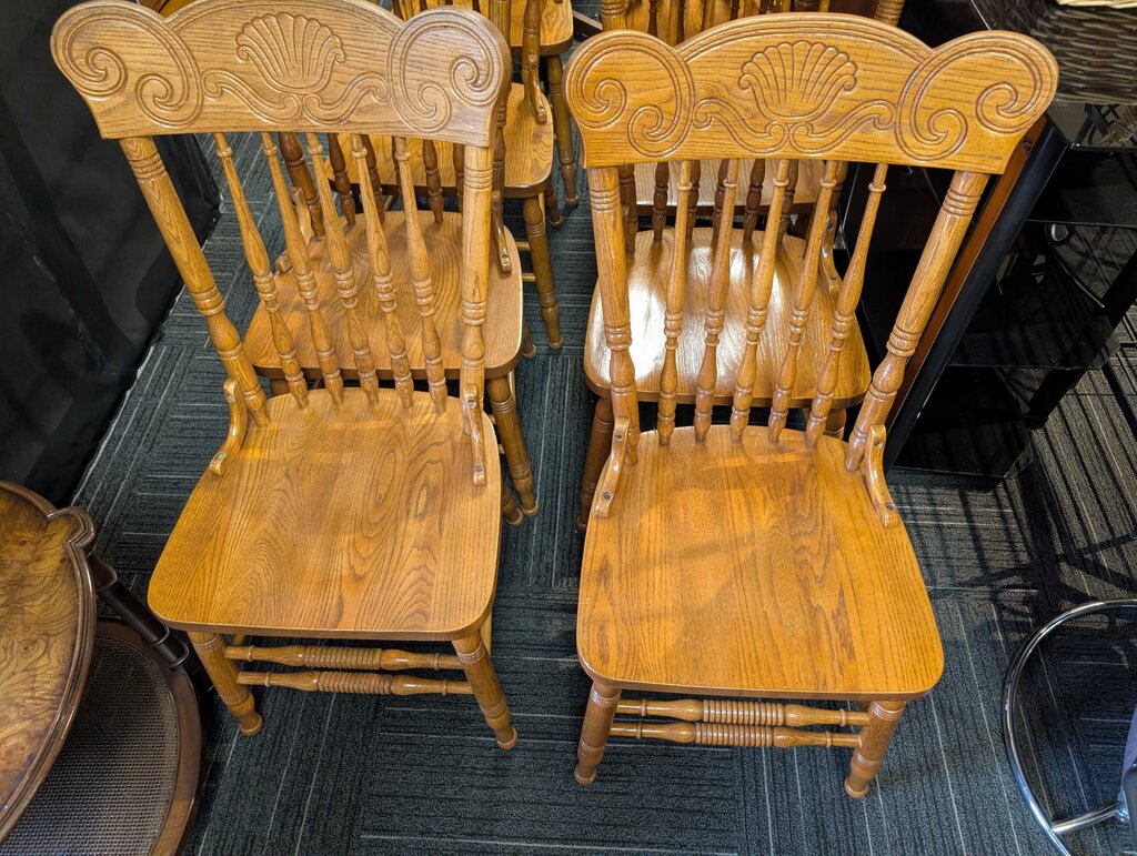 8 Vintage Oak Pressed Back Dining Chairs with Shell Motif