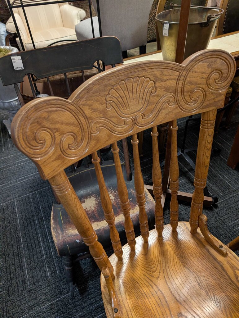 8 Vintage Oak Pressed Back Dining Chairs with Shell Motif